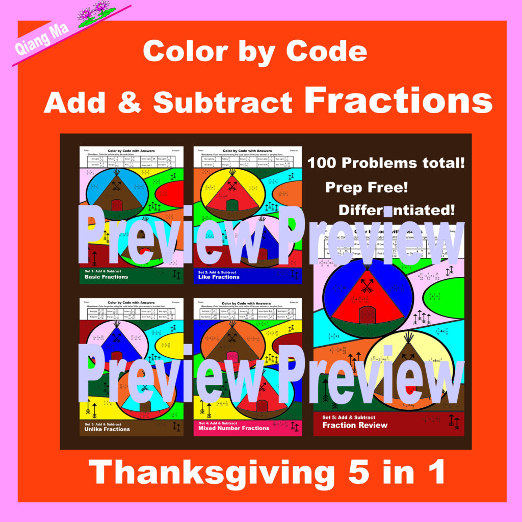 Thanksgiving Color by Code: Add and Subtract Fractions 5 in 1 | Made By ...