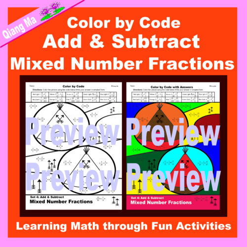 Thanksgiving Color by Code: Add and Subtract Mixed Number Fractions ...