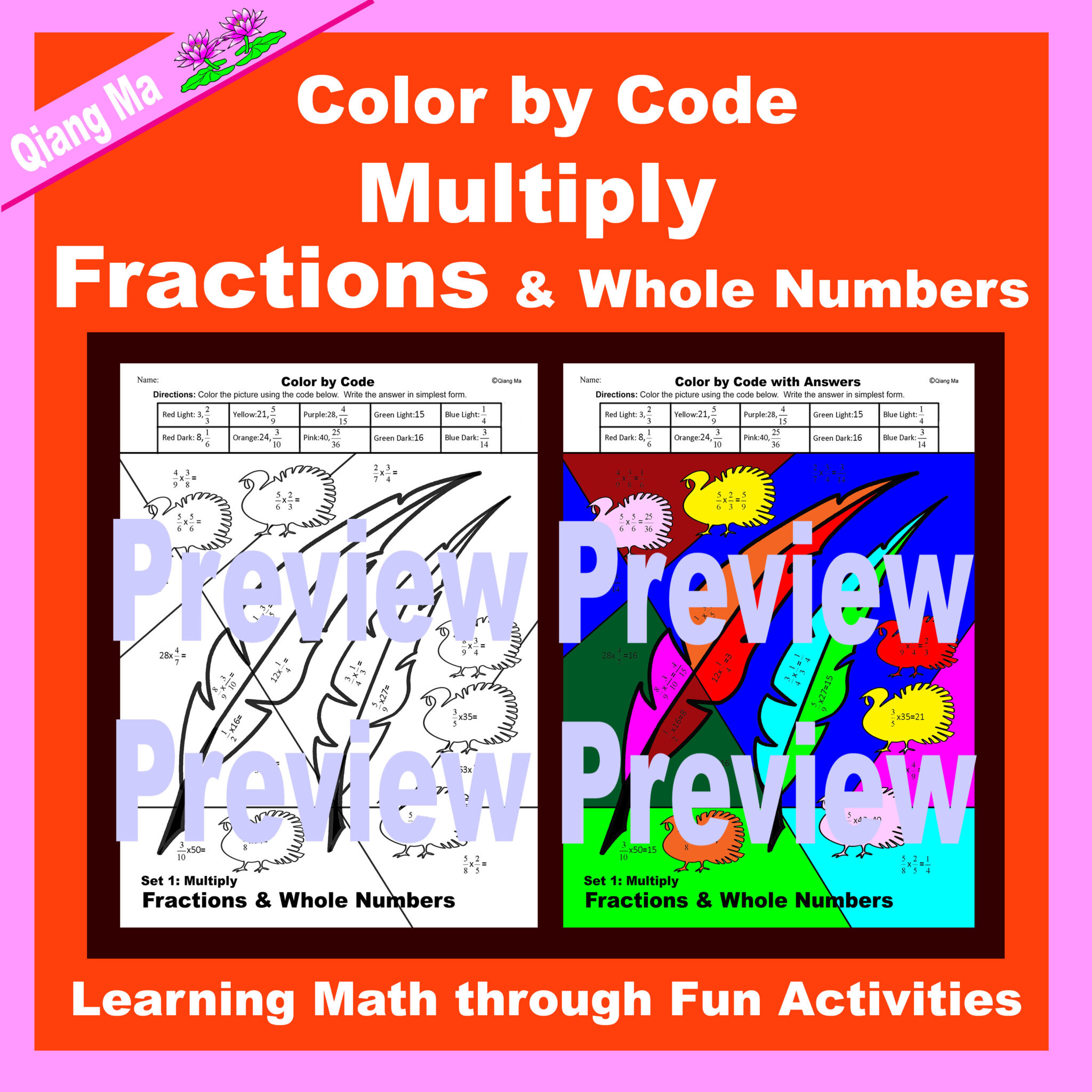 Thanksgiving Color by Code: Multiply Fractions and Whole Numbers - Made ...