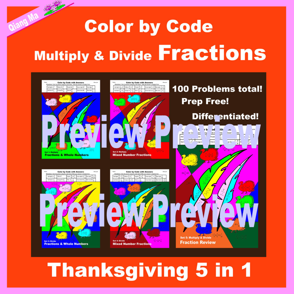 Thanksgiving Color by Code: Multiply and Divide Fractions 5 in 1 | Made ...
