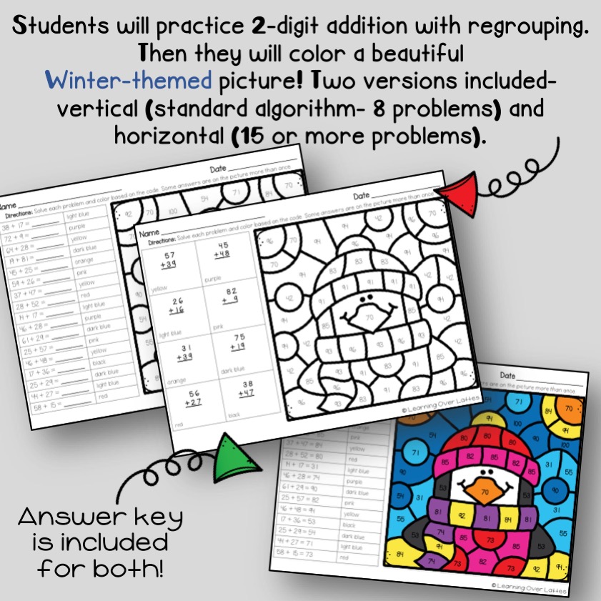 Two Digit Addition WITH Regrouping Color by Code - Winter | Made By ...