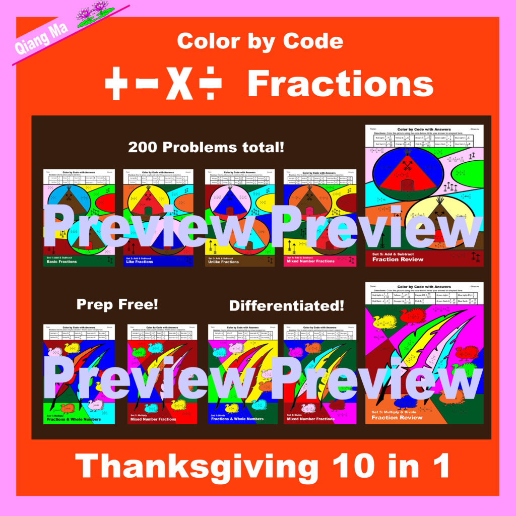 Thanksgiving Color by Code: Fractions: Add, Subtract, Multiply, Divide ...