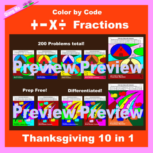 Thanksgiving Color by Code: Fractions: Add, Subtract, Multiply, Divide ...