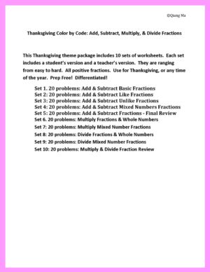 Thanksgiving Color by Code: Fractions: Add, Subtract, Multiply, Divide ...