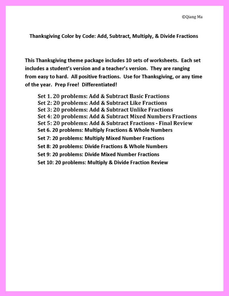 Thanksgiving Color by Code: Fractions: Add, Subtract, Multiply, Divide ...