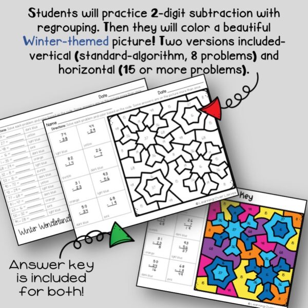 Two Digit Subtraction WITH Regrouping Color by Code - Winter - Made By ...