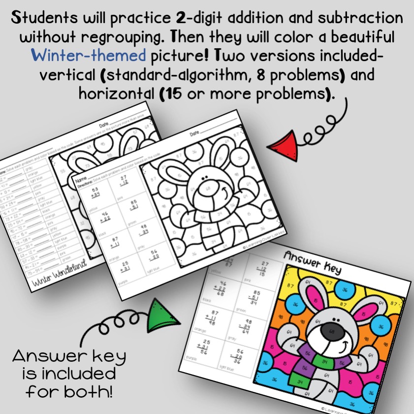 Two Digit Addition AND Subtraction WITHOUT Regrouping Color by Code ...