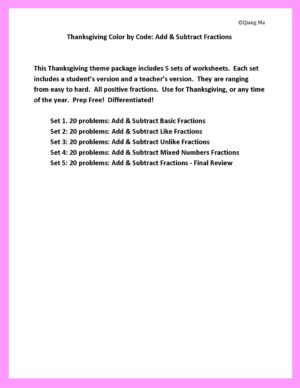 Thanksgiving Color by Code: Add and Subtract Fractions 5 in 1 | Made By ...