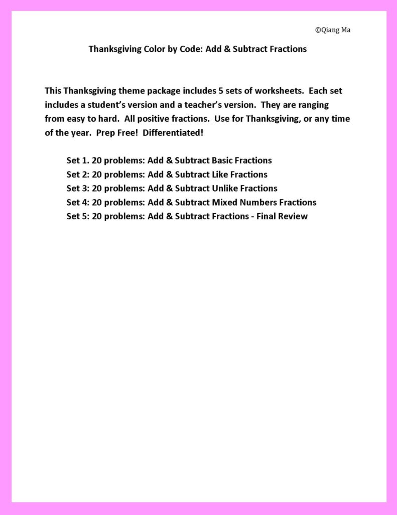 Thanksgiving Color by Code: Add and Subtract Fractions 5 in 1 | Made By ...