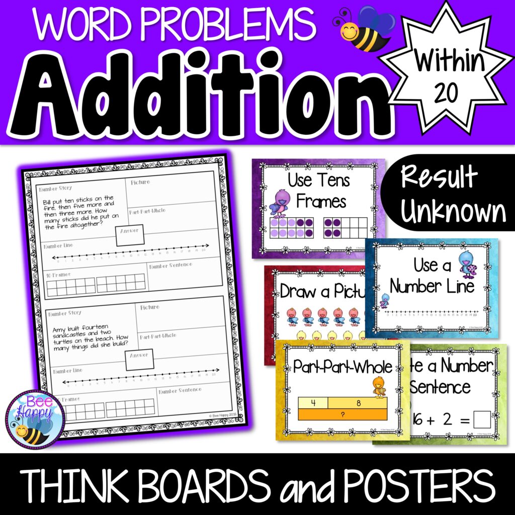 Addition Word Problems Within 20 | Result Unknown | Think Boards and ...