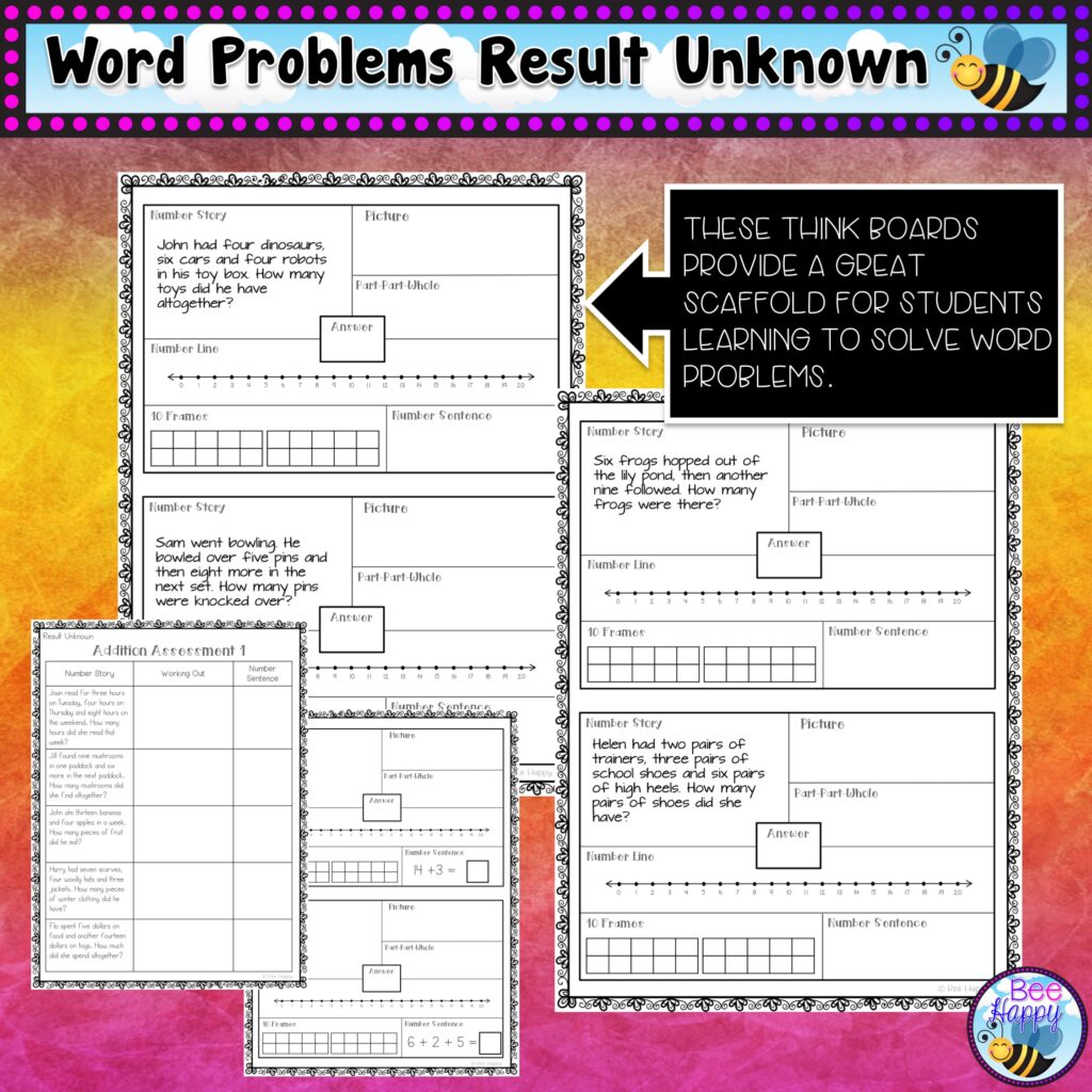 Addition Word Problems Within 20 | Result Unknown | Think Boards and ...