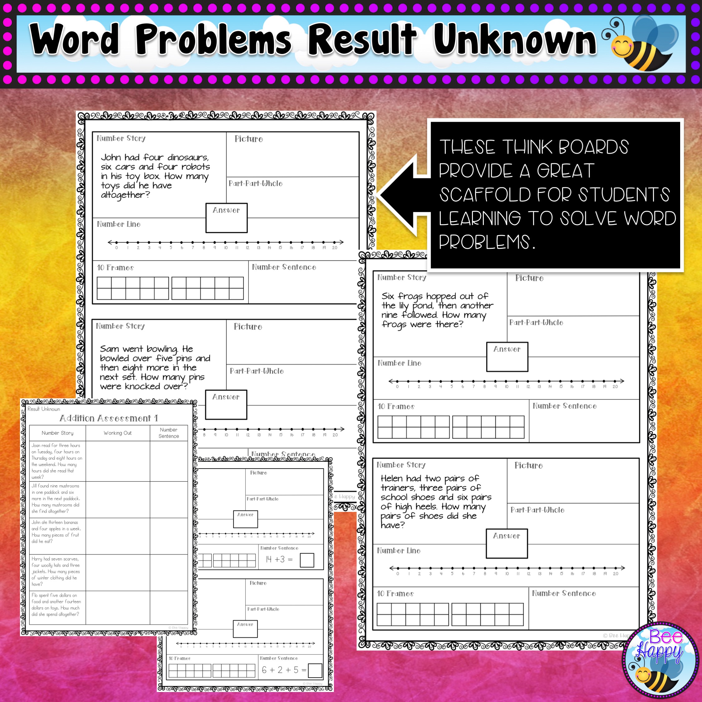 Addition Word Problems Within 20 | Result Unknown | Think Boards and ...