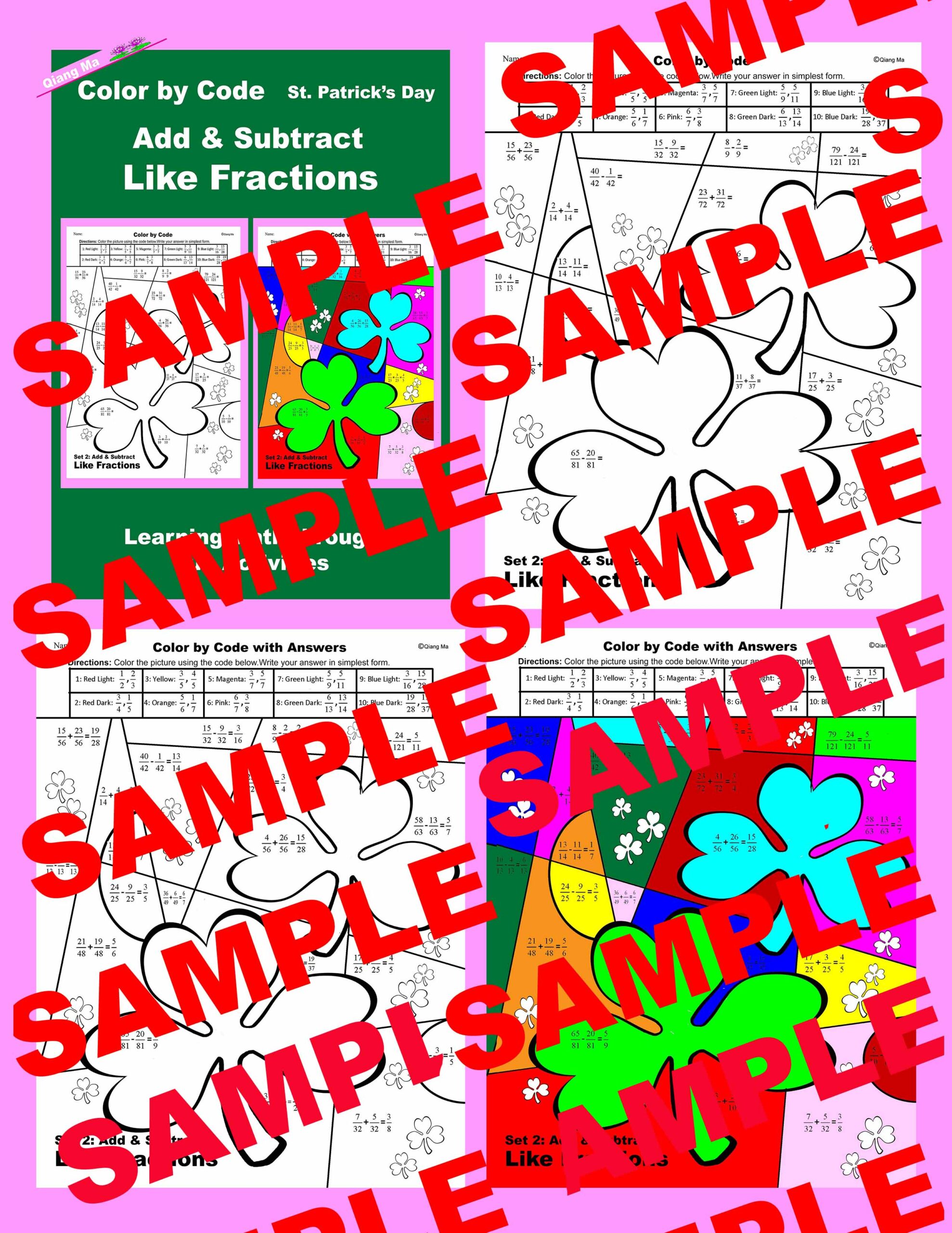 St. Patrick's Day Color by Code: Add and Subtract Like Fractions | Made ...