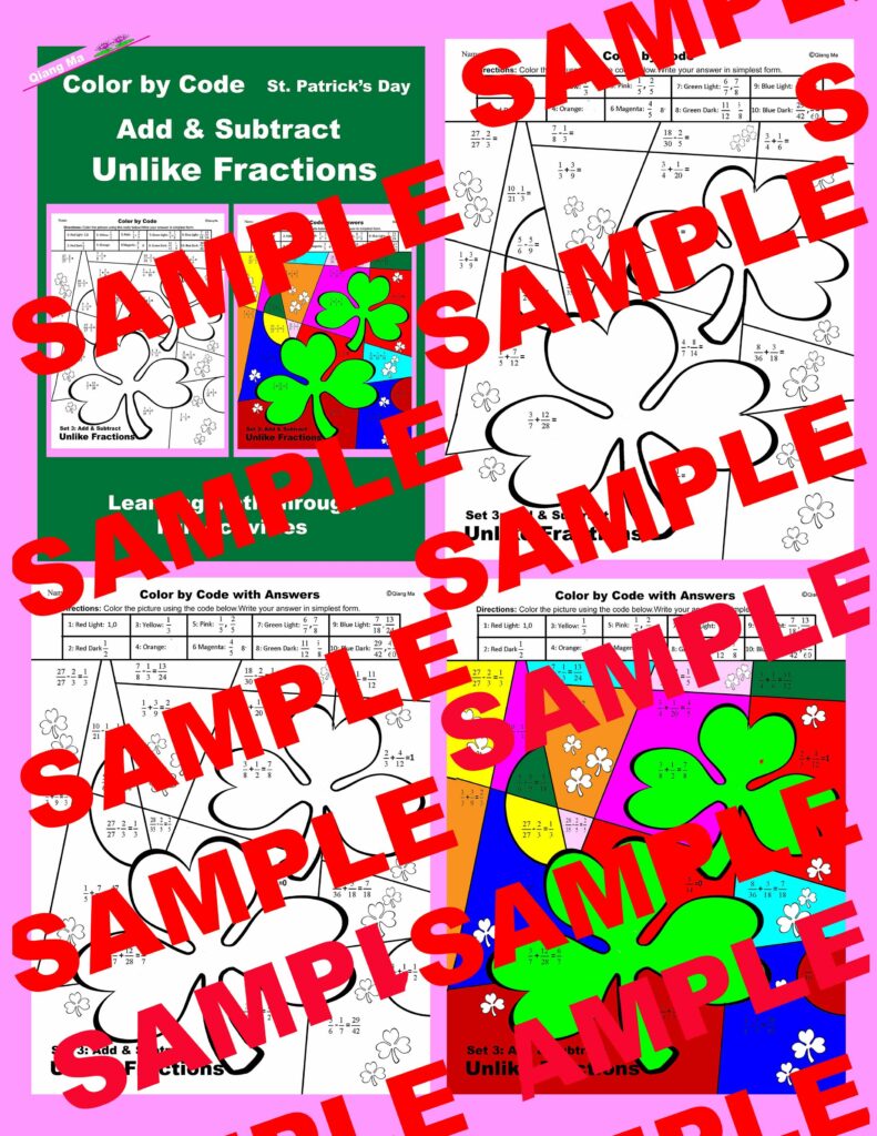 St. Patrick's Day Color by Code: Add and Subtract Unlike Fractions ...