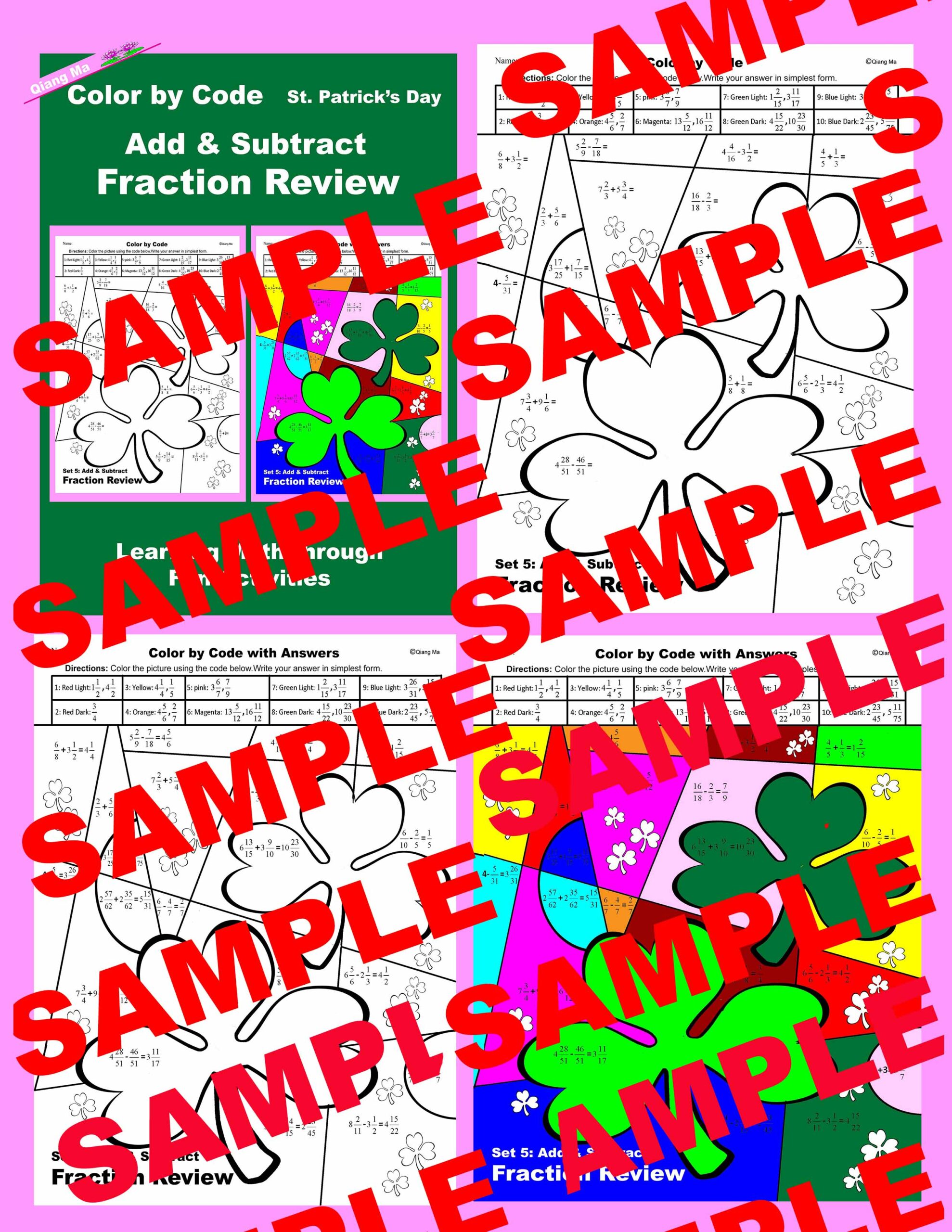 St. Patrick's Day Color by Code: Add and Subtract Fraction Review ...
