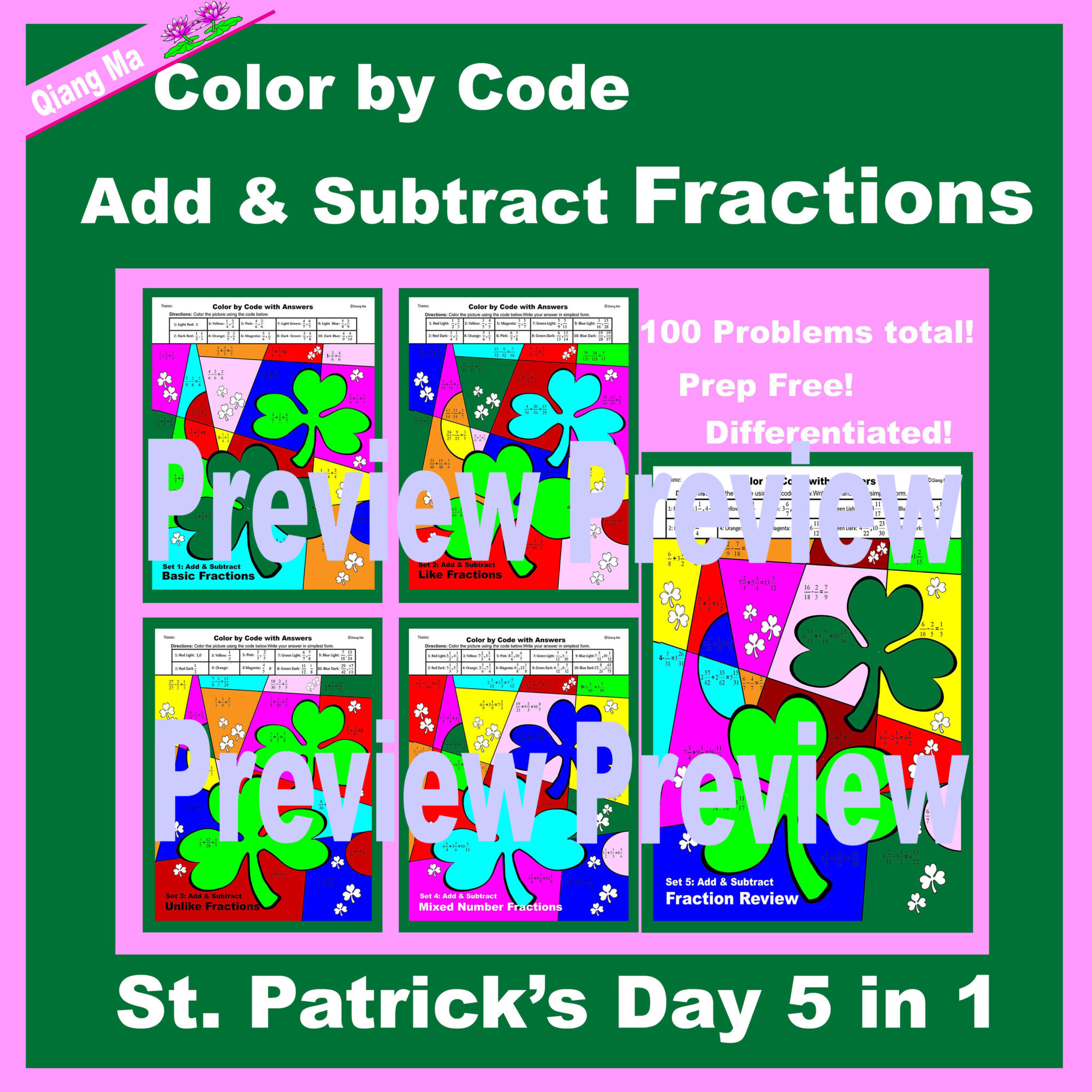 St Patrick s Day Color By Code Add And Subtract Fractions 5 In 1 