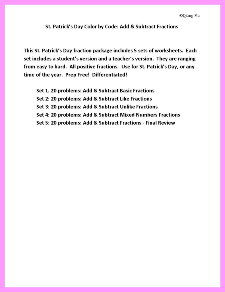 St. Patrick's Day Color by Code: Add and Subtract Fractions 5 in 1 ...