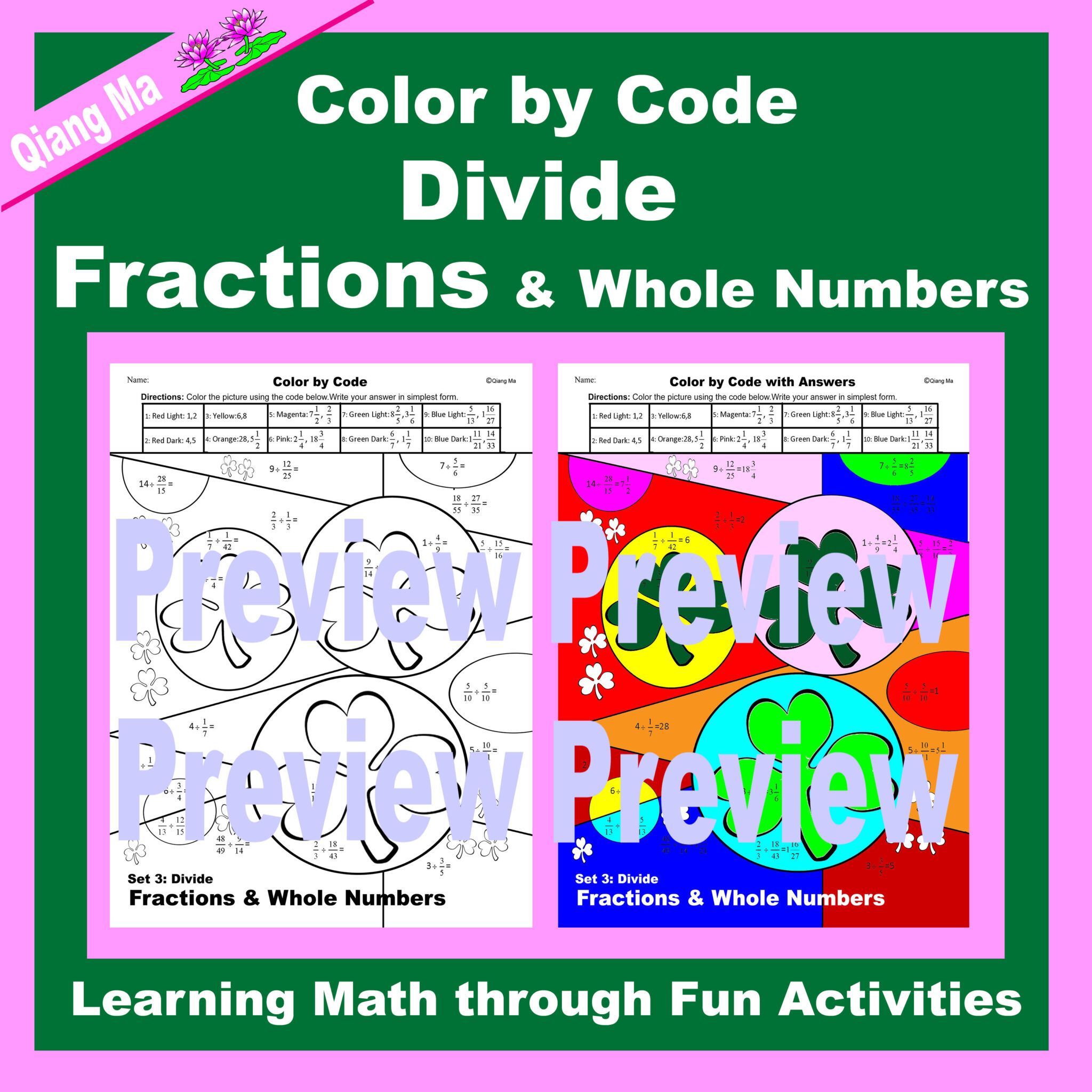 St. Patrick's Day Color by Code: Divide Fractions and Whole Numbers ...