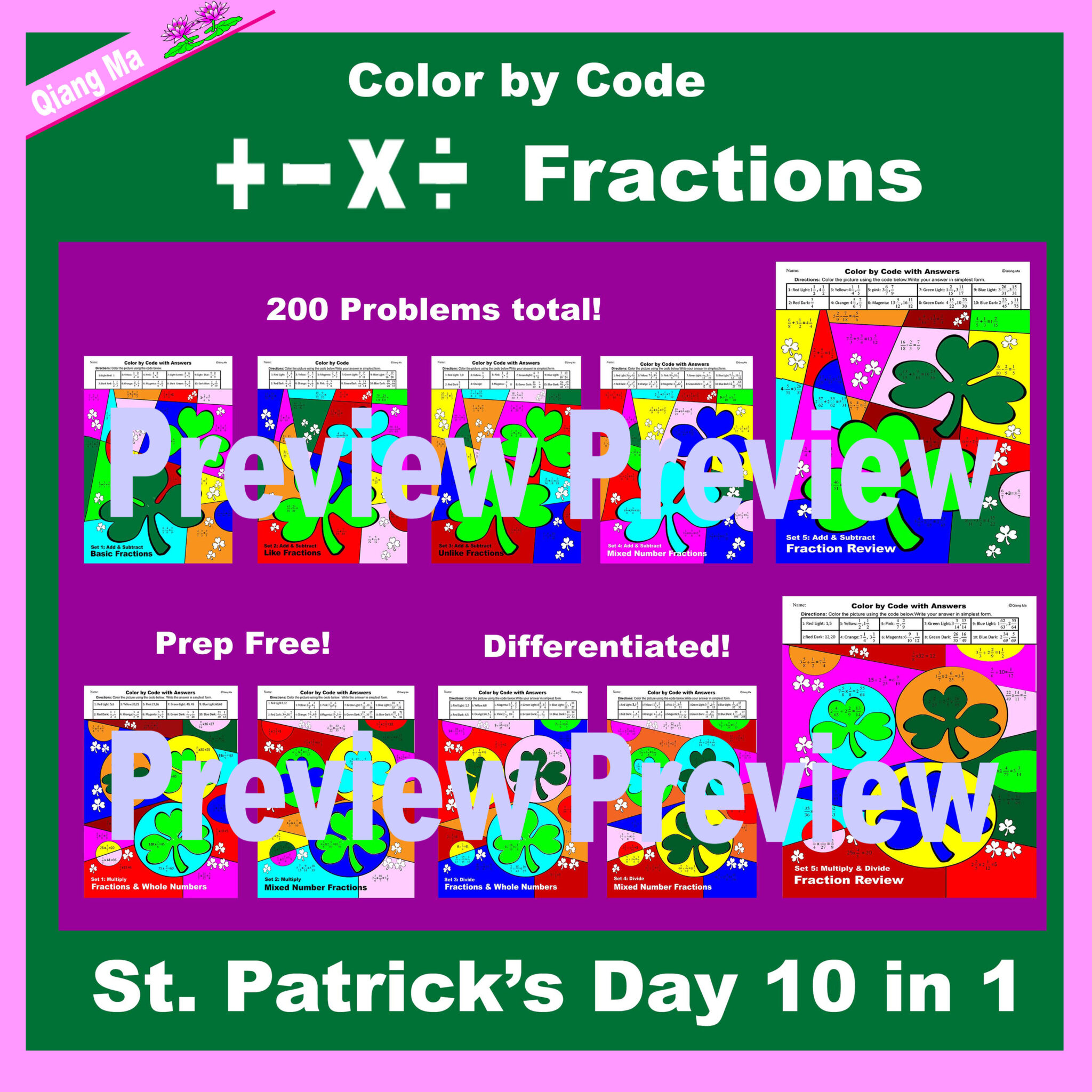 St. Patrick's Color by Code Fractions: Add, Subtract, Multiply, Divide ...
