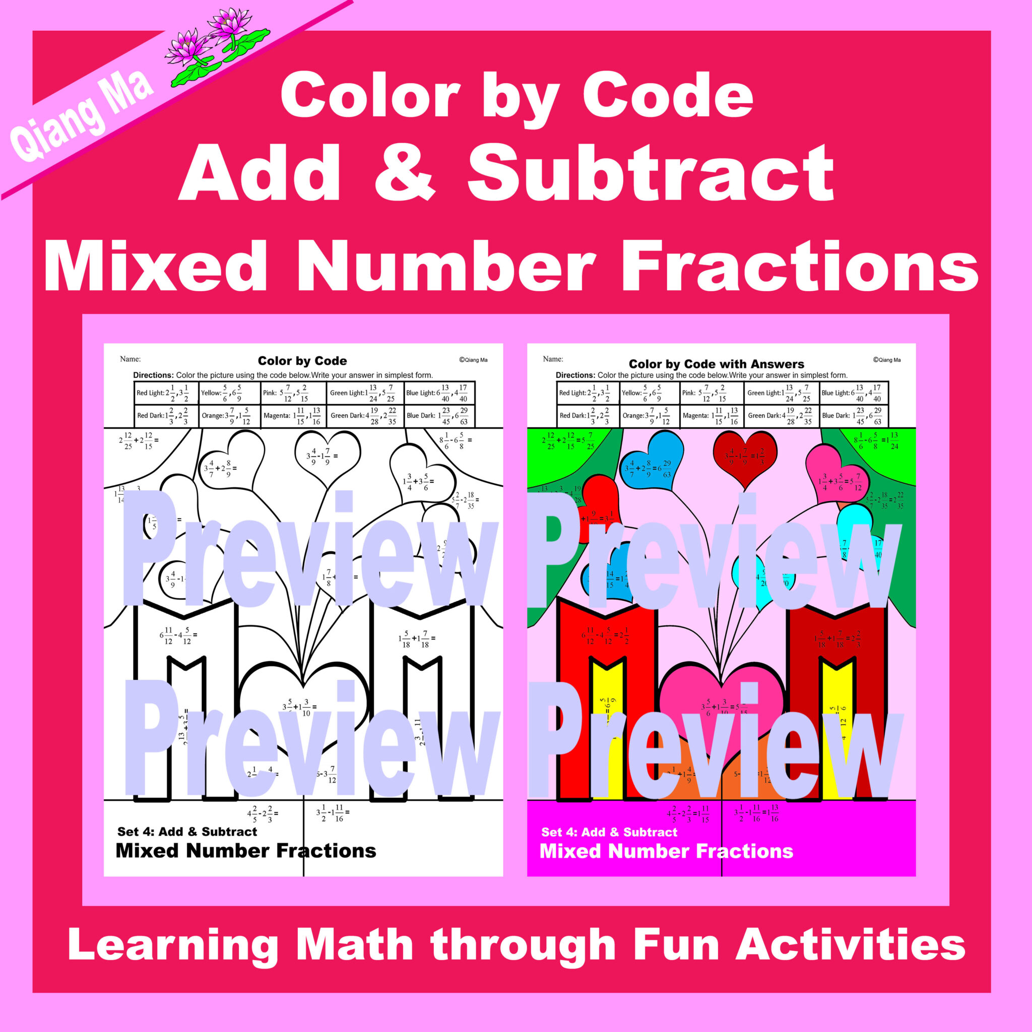 Mother's Day Color by Code: Add and Subtract Mixed Number Fractions | Made By Teachers