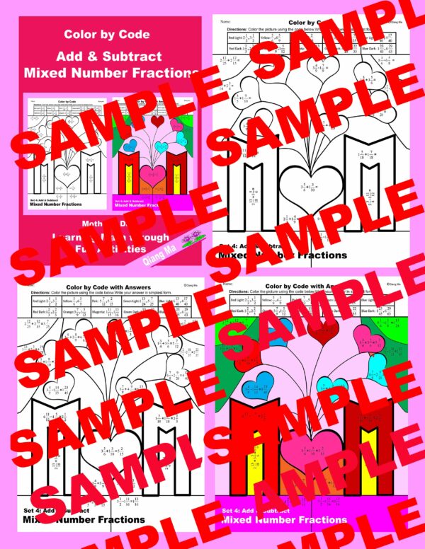 Mother's Day Color by Code: Add and Subtract Mixed Number Fractions ...