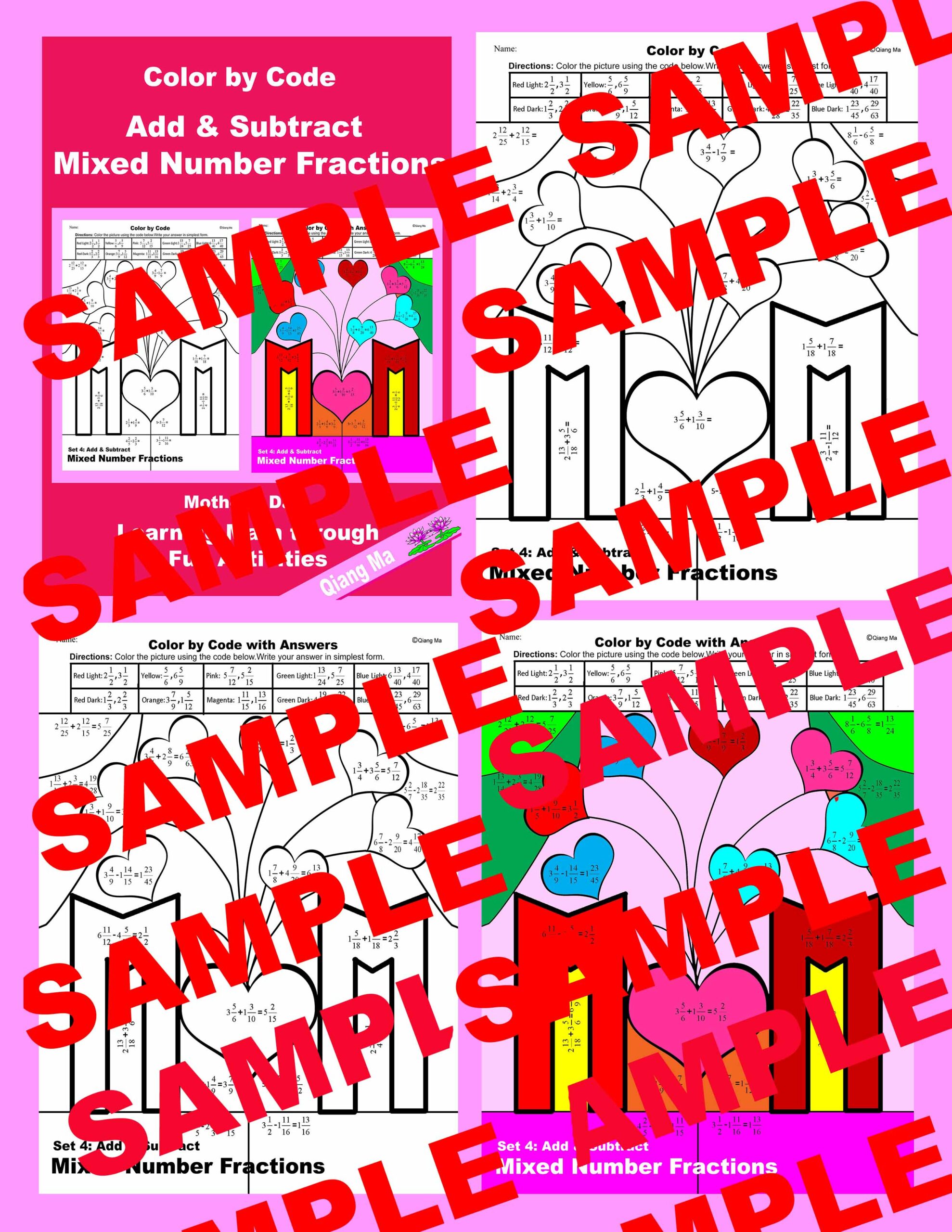Mother's Day Color by Code: Add and Subtract Mixed Number Fractions ...