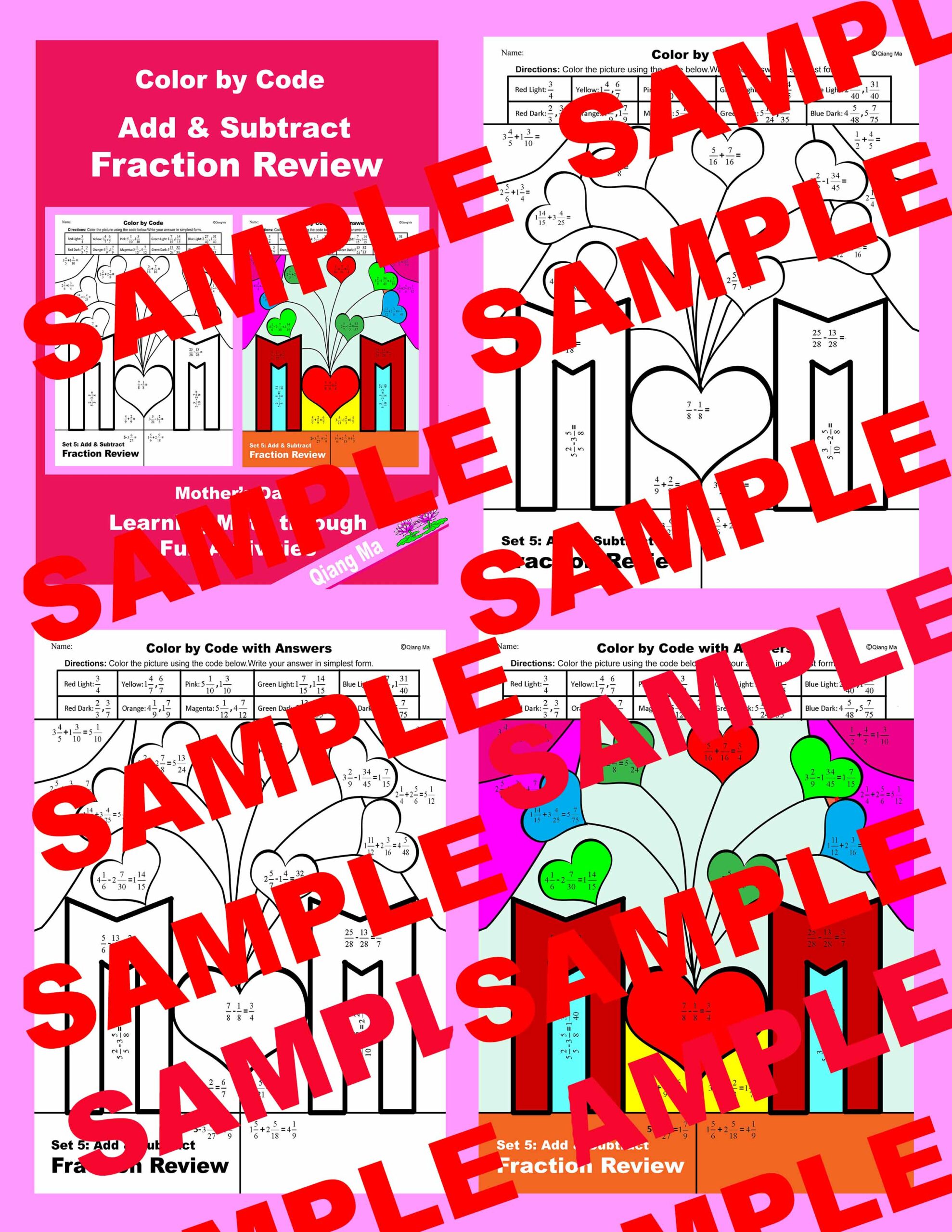 Mother's Day Color by Code: Add and Subtract Fraction Review | Made By ...