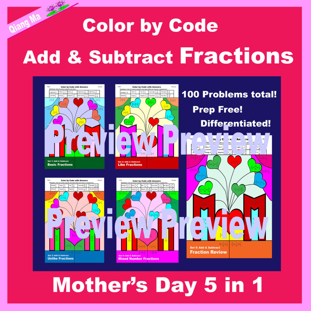 Mother's Day Color by Code: Add and Subtract Fractions 5 in 1 Bundle ...