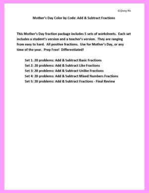 Mother's Day Color by Code: Add and Subtract Fractions 5 in 1 Bundle ...