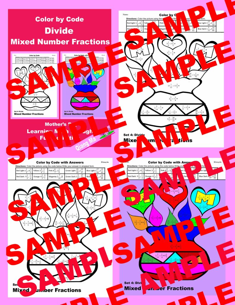 Mother's Day Color by Code Fractions: Add, Subtract, Multiply, Divide ...