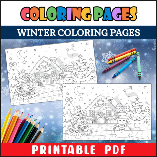 Christmas Coloring Page Winter Night, Christmas Tree and Snowman ...