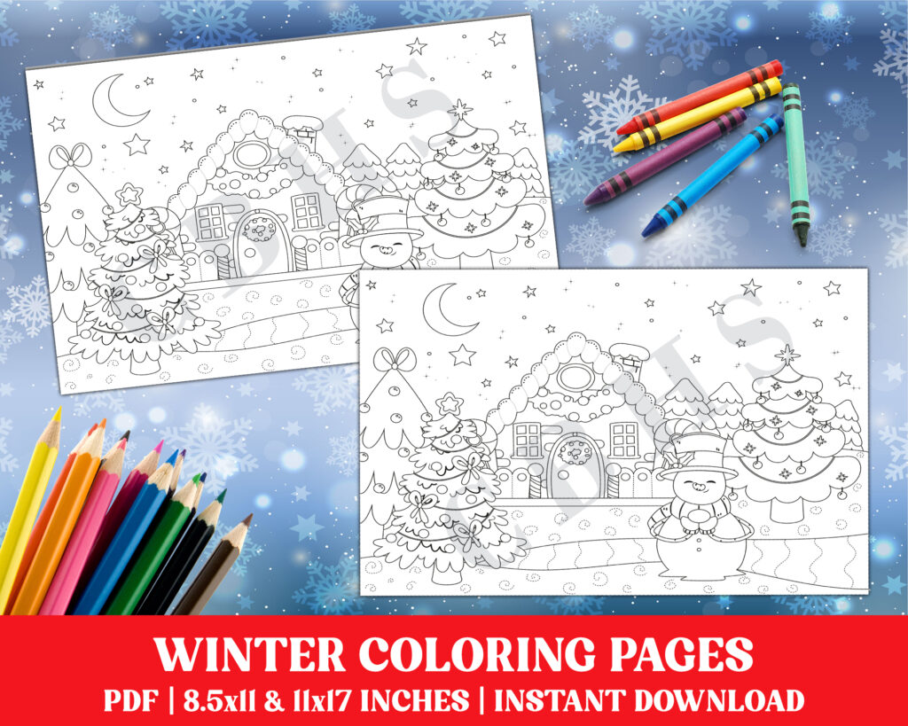 Christmas Coloring Page Winter Night, Christmas Tree and Snowman ...