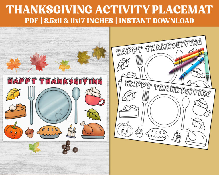 PDF Thanksgiving Activity Placemat, Printable Coloring Placemat for the ...