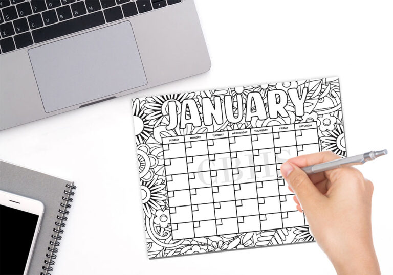 Printable 12 Month Coloring Calendar Floral Pattern , Printable Flower ...