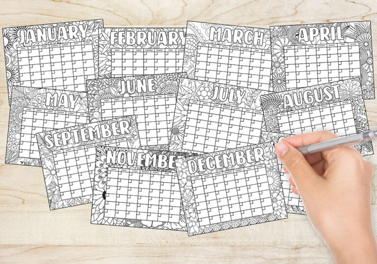 Printable 12 Month Coloring Calendar Floral Pattern , Printable Flower ...