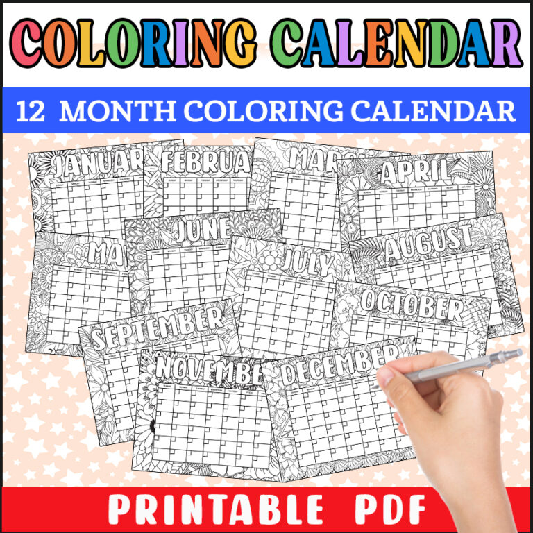 Printable 12 Month Coloring Calendar Floral Pattern , Printable Flower ...