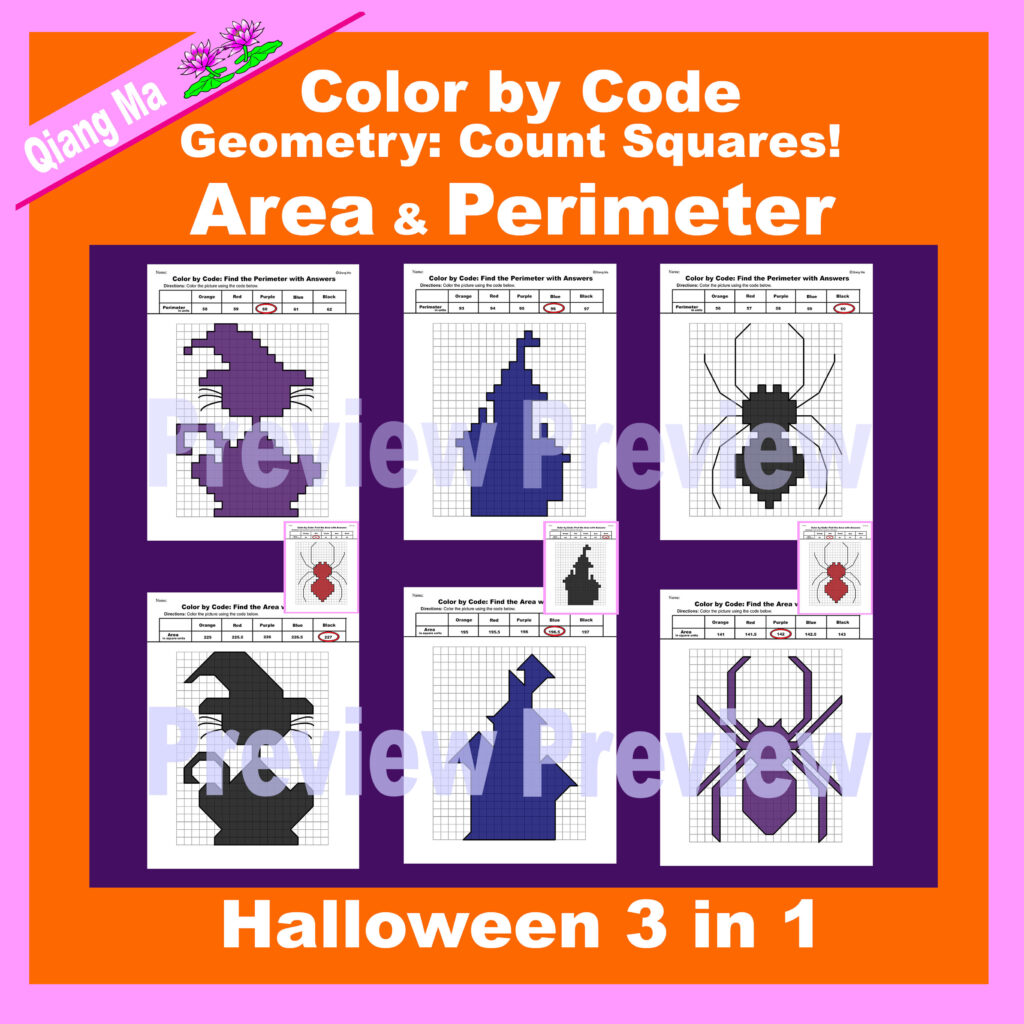 Halloween Color by Code: Area and Perimeter: Count Squares Bundle 3 in ...