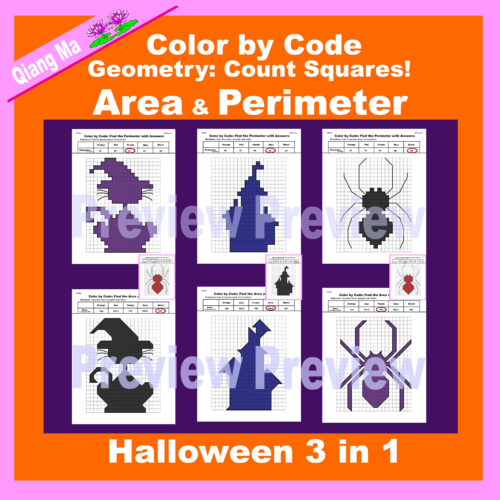 Halloween Color by Code: Area and Perimeter: Count Squares Bundle 3 in ...