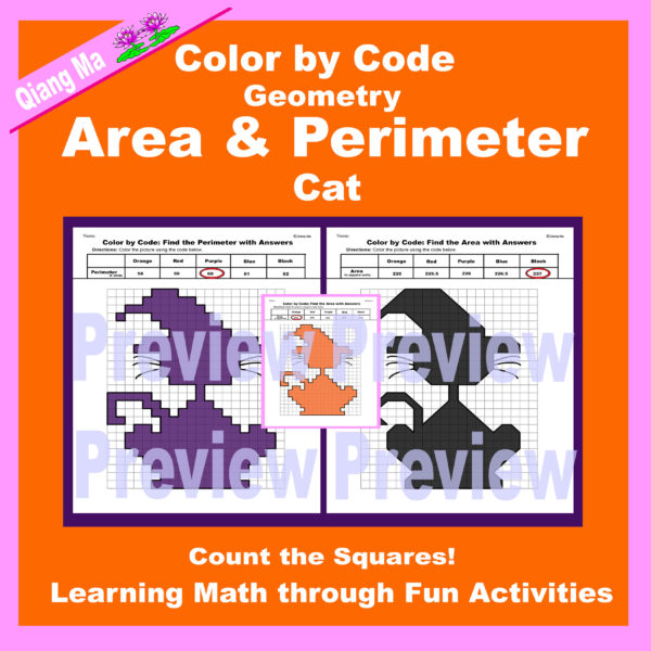 Halloween Color by Code: Area and Perimeter: Count Squares: Cat | Made ...