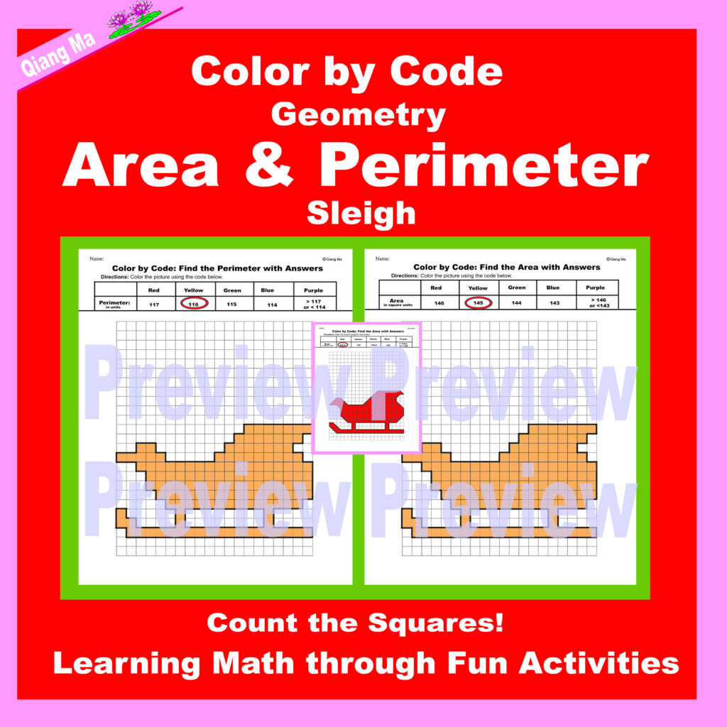 Christmas Color by Code: Area and Perimeter: Count Squares: Sleigh ...