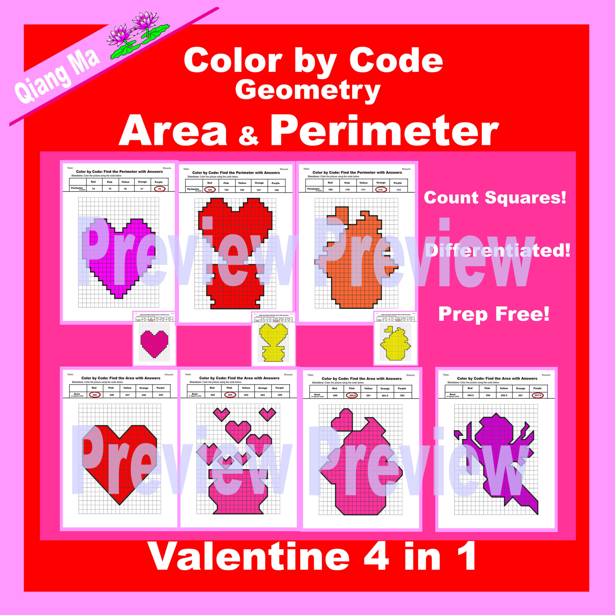 Valentine Color by Code: Area and Perimeter: Count Squares 4 in 1 ...