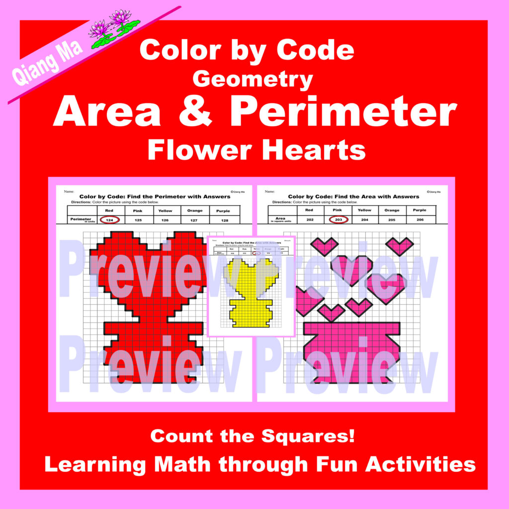 Valentine Color by Code: Area and Perimeter: Count Squares: Flower ...