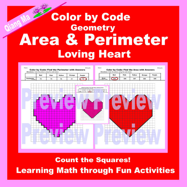Valentine Color by Code: Area and Perimeter: Count Squares: Loving ...