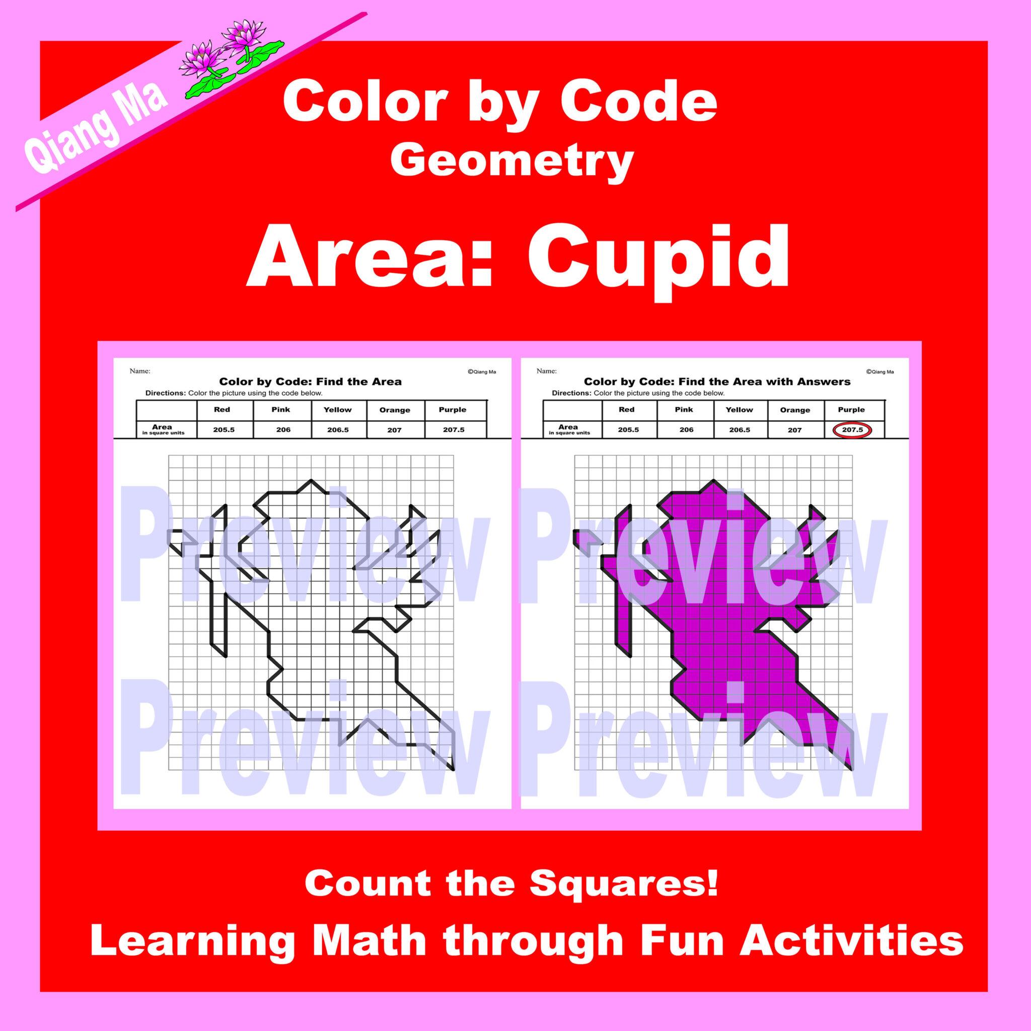 Valentine Color by Code: Area: Count Squares: Cupid | Made By Teachers