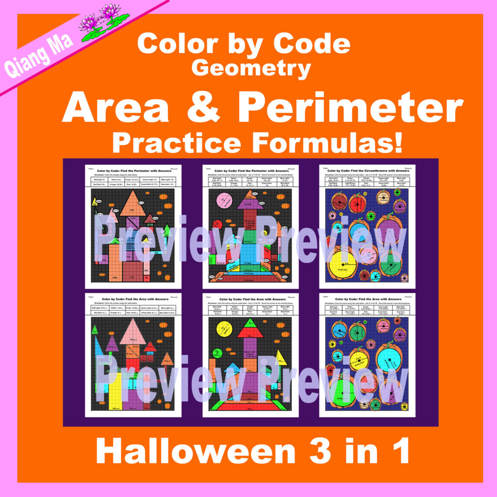 Halloween Color by Code: Area and Perimeter: Practice Formulas Bundle 3 ...