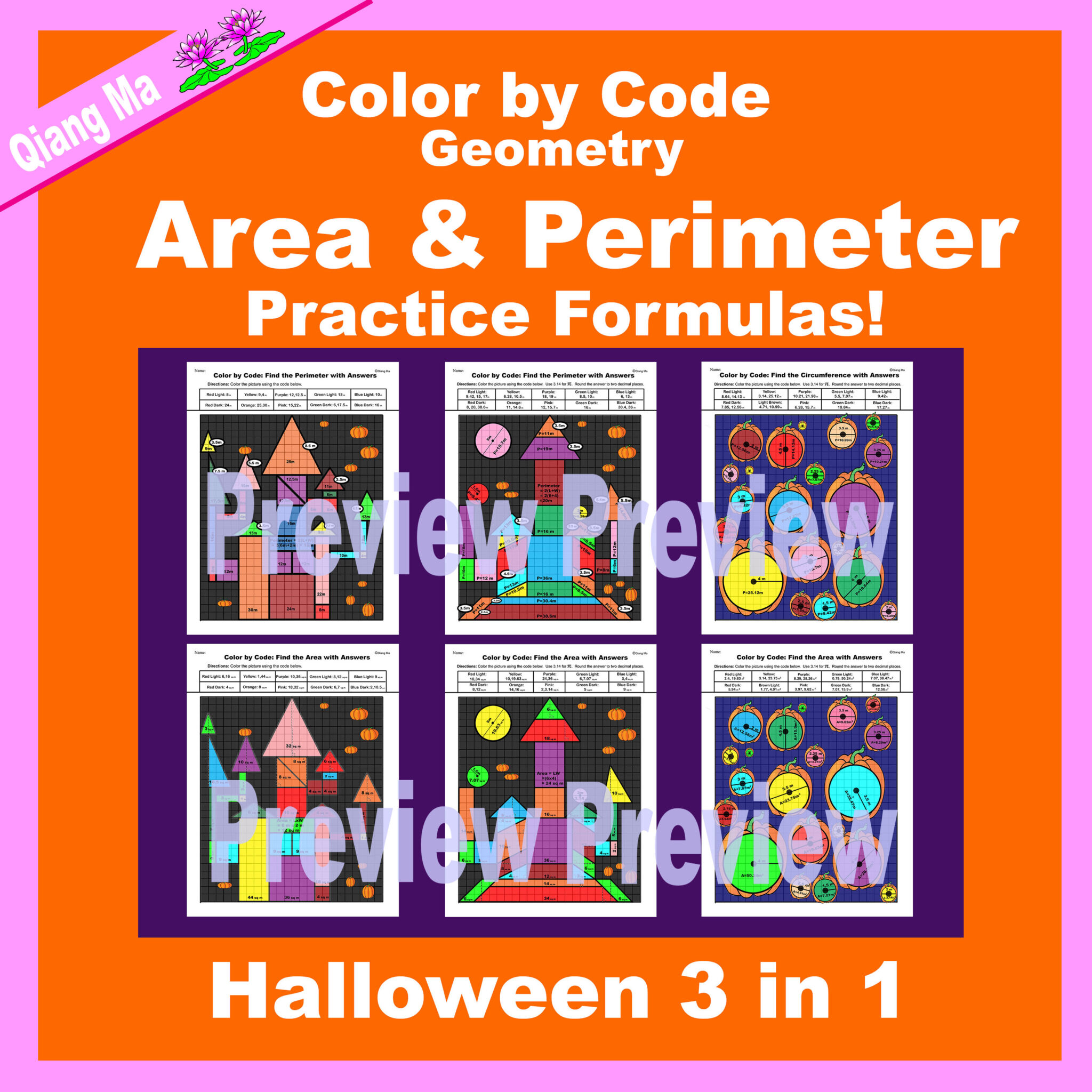 Halloween Color by Code: Area and Perimeter: Practice Formulas Bundle 3 ...