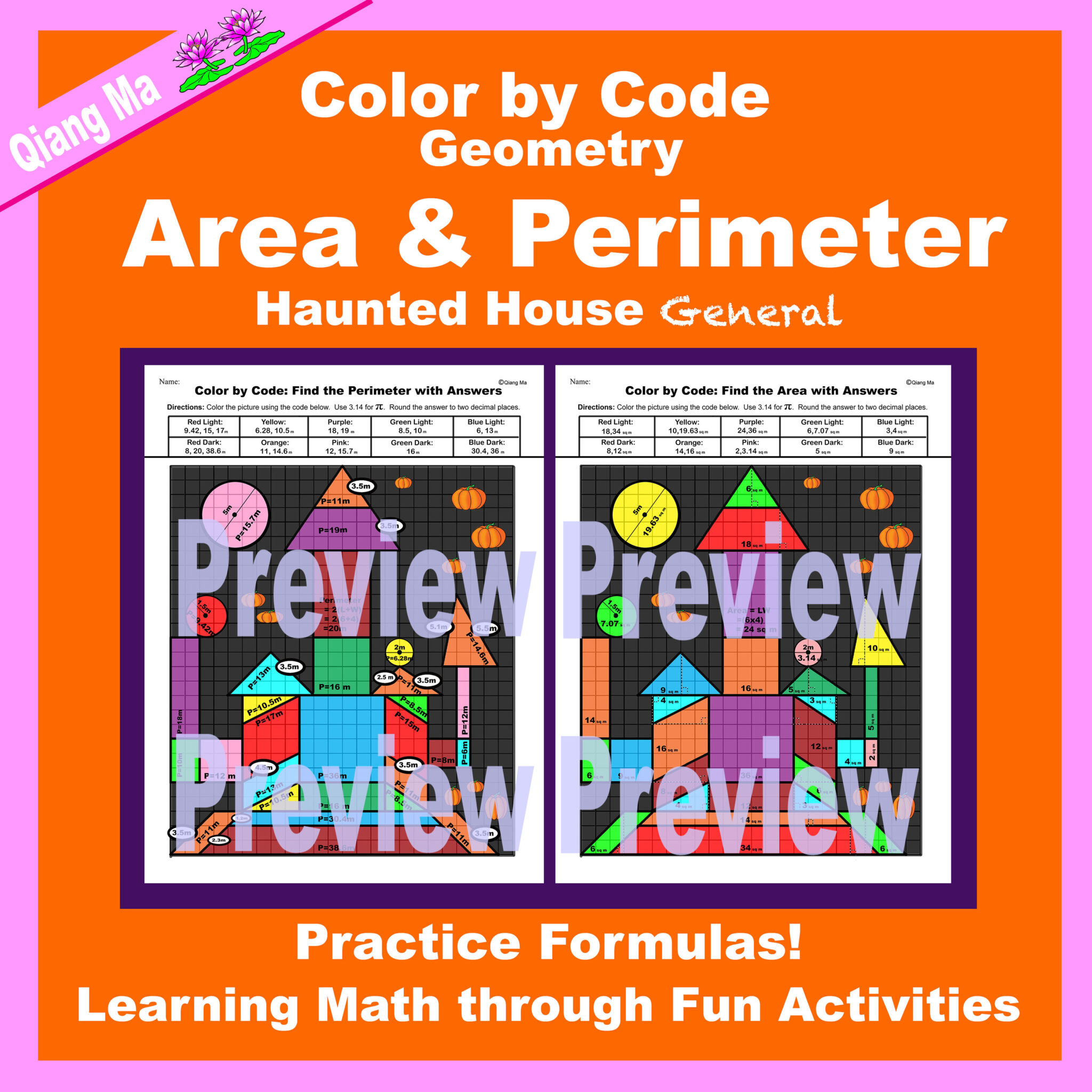 Halloween Color by Code: Area and Perimeter:Practice Formulas General ...