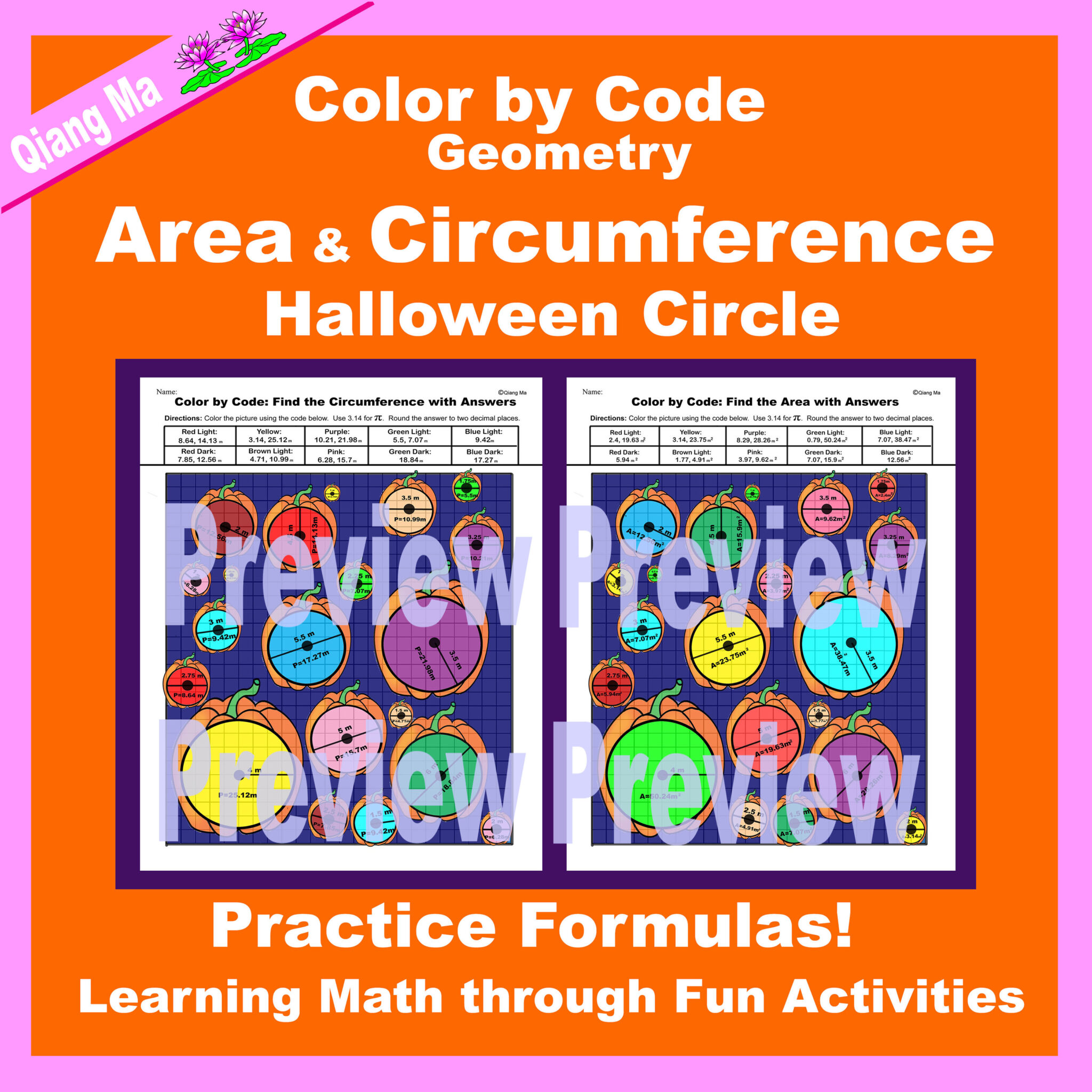 Halloween Color by Code: Area and Circumference: Practice Formulas ...