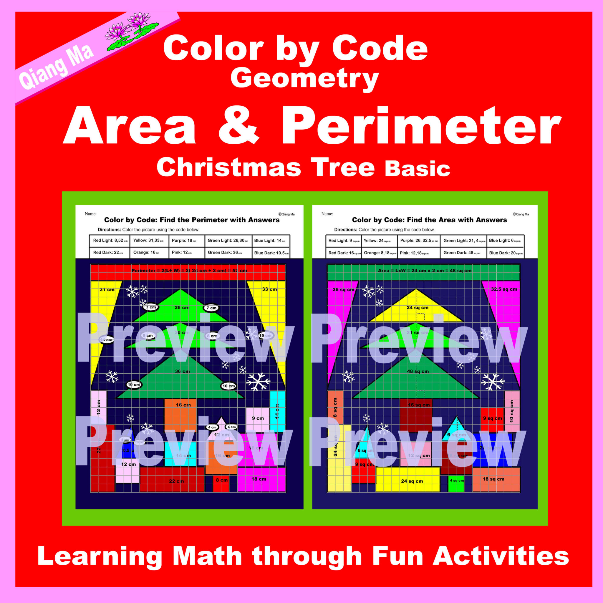 Christmas Color by Code: Area and Perimeter: Christmas Tree Basic ...