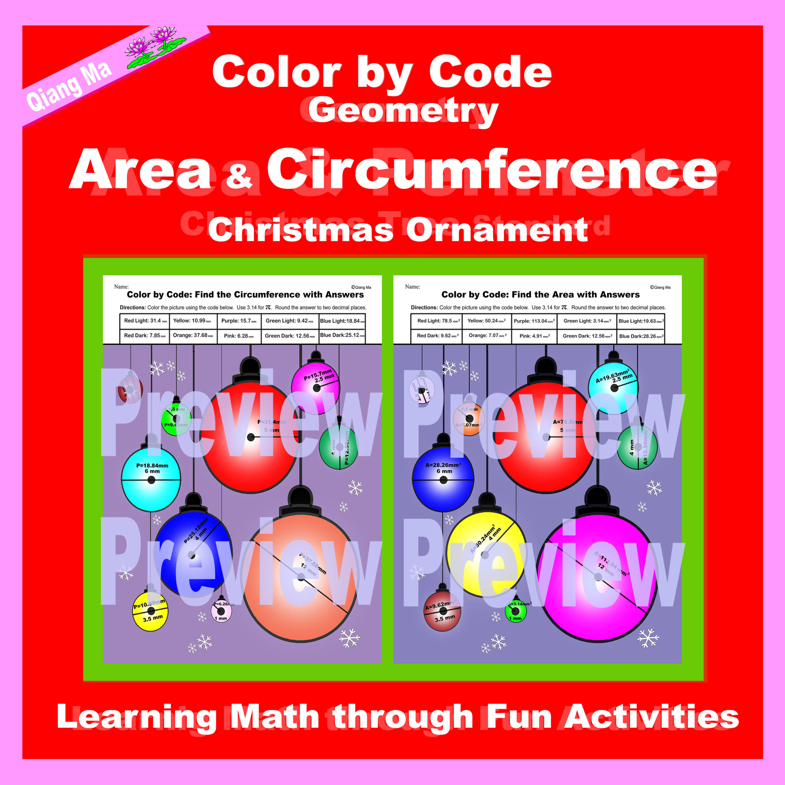 Christmas Color By Code Area And Circumference Christmas Ornament